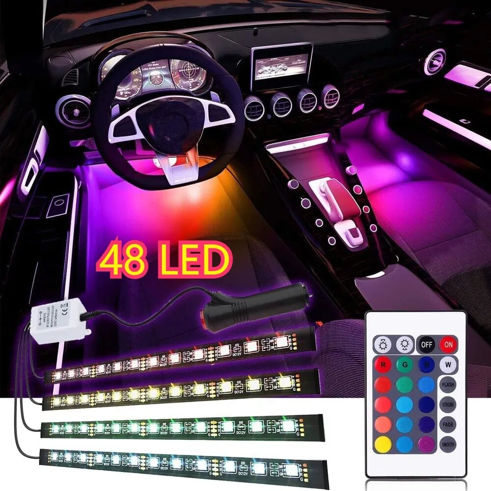 Светодиодная лента для авто, RGB подсветка салона, 48 LED, с пультом ДУ