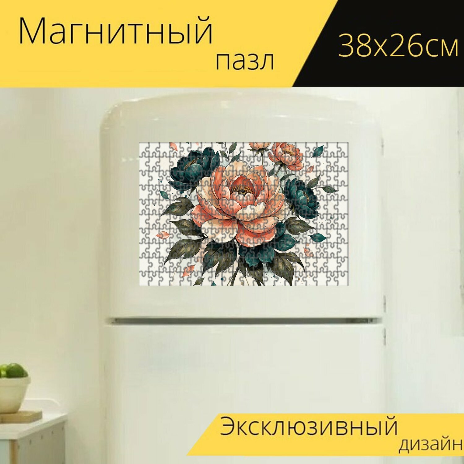 Магнитный пазл "Акварельные цветы с листьями. Нежная ботаническая композиция с крупными коралловыми и темно-бирюзовыми бутонами, зелеными листьями и легкими." для интерьера, 38х26 см.