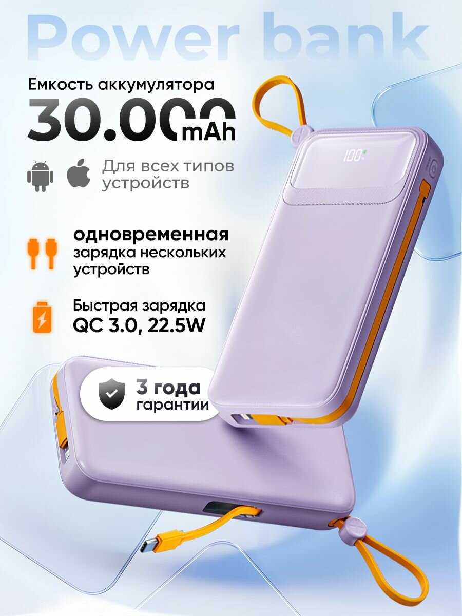 Внешний аккумулятор COCH 30000 мАч пурпурный с быстрой зарядкой и тремя выходами USB Type‑C для телефона и планшета