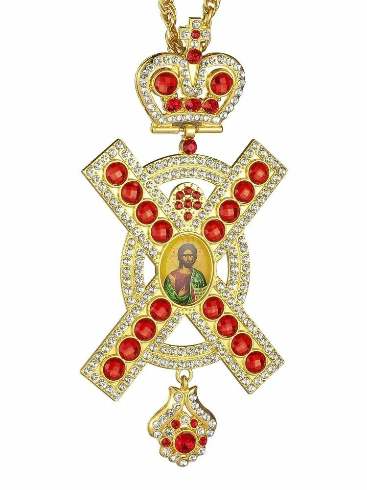 Православное ожерелье с подвеской в виде креста с Иисусом, красный циркон, полный горный хрусталь, цепочка золотого цвета