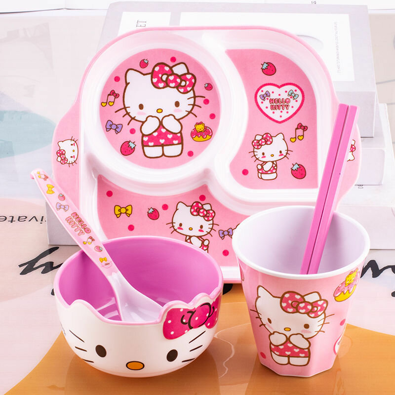 Миска для детей с мультяшным рисунком, посуда Hello Kitty, детская тарелка с защитой от падения, милая миска для еды, детская кружка для воды.