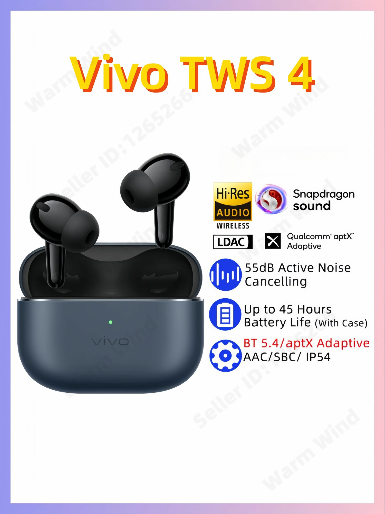 Vivo Наушники беспроводные с микрофоном Vivo TWS 4, Bluetooth, USB Type-C, темно-синий