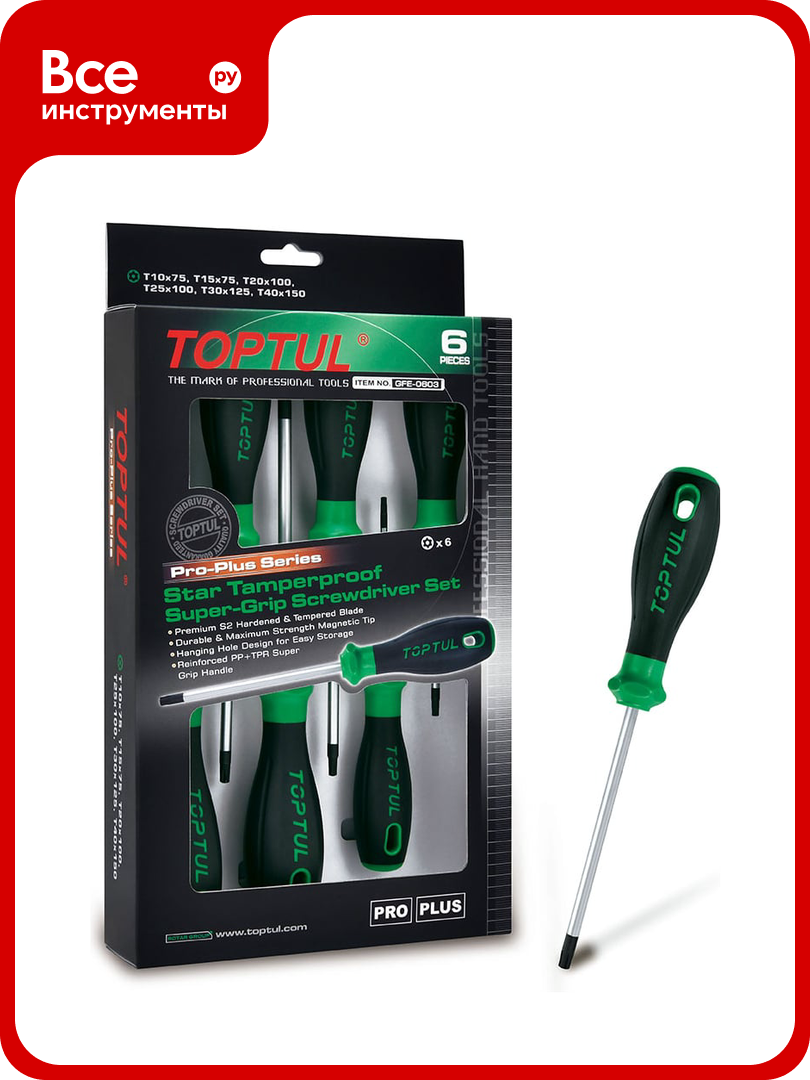 Набор отверток TOPTUL TORX с отверстием T10-T40 серии Pro-Plus, 6 предметов в картоне GFE-0603