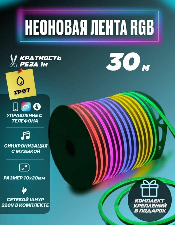 Гибкий неон RGB 220В светодиодная лента Bluetooth с пультом 30 метров 1x2 см неоновая подсветка с креплениями