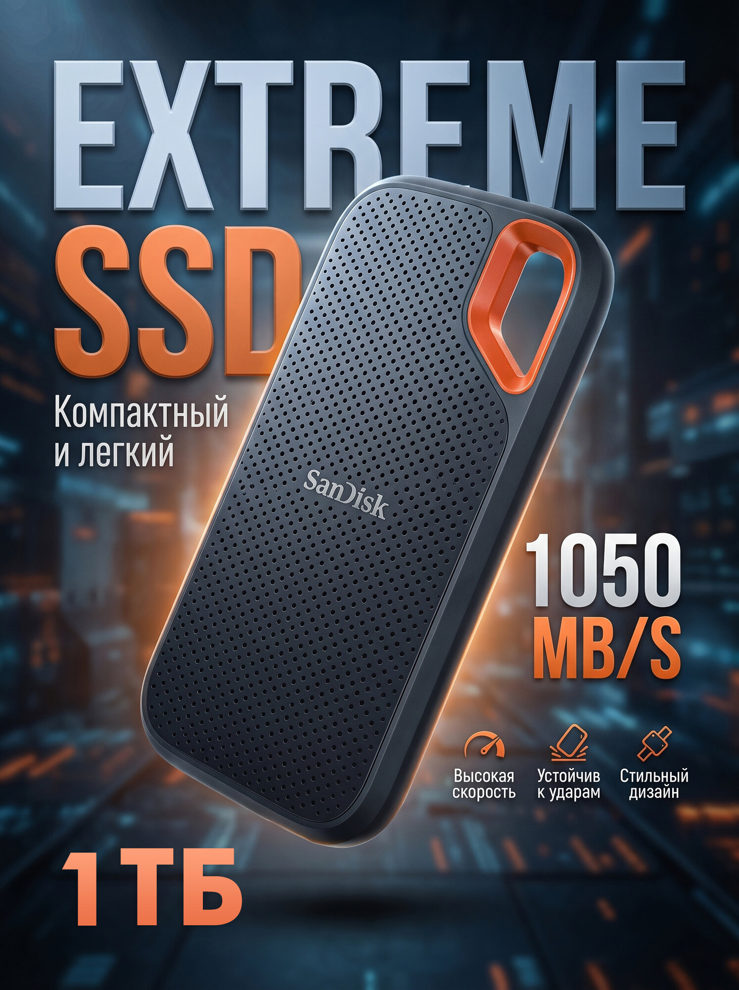 1 ТБ Внешний SSD SanDisk Extreme Portable V2, USB 3.2 Gen 2 Type-C, черный