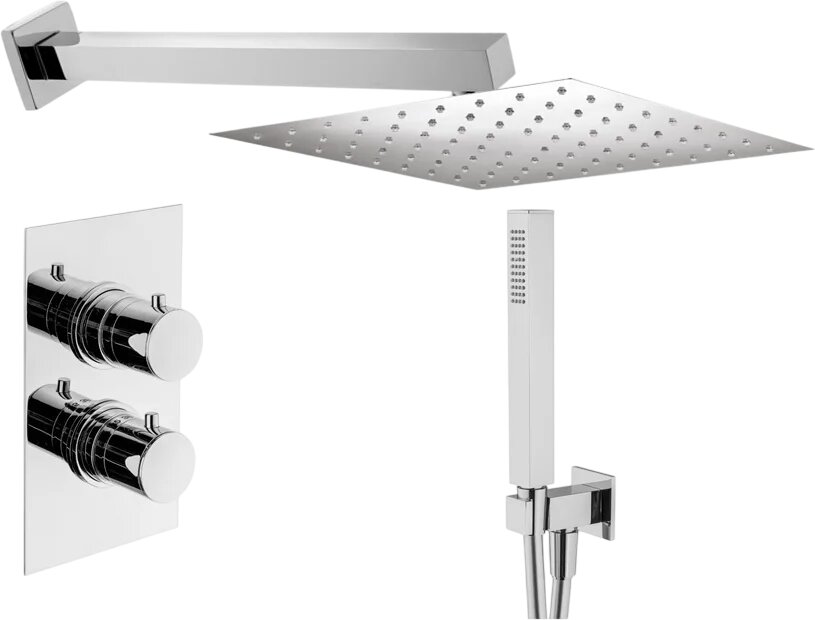 Душевой комплект Plumberia Selection Tag KITTGT18QCR 4 в 1, встраиваемый, с внутренней частью в комплекте, с термостатом, со смесителем, с тропическим душем, латунный, хром, глянцевый, душевая система