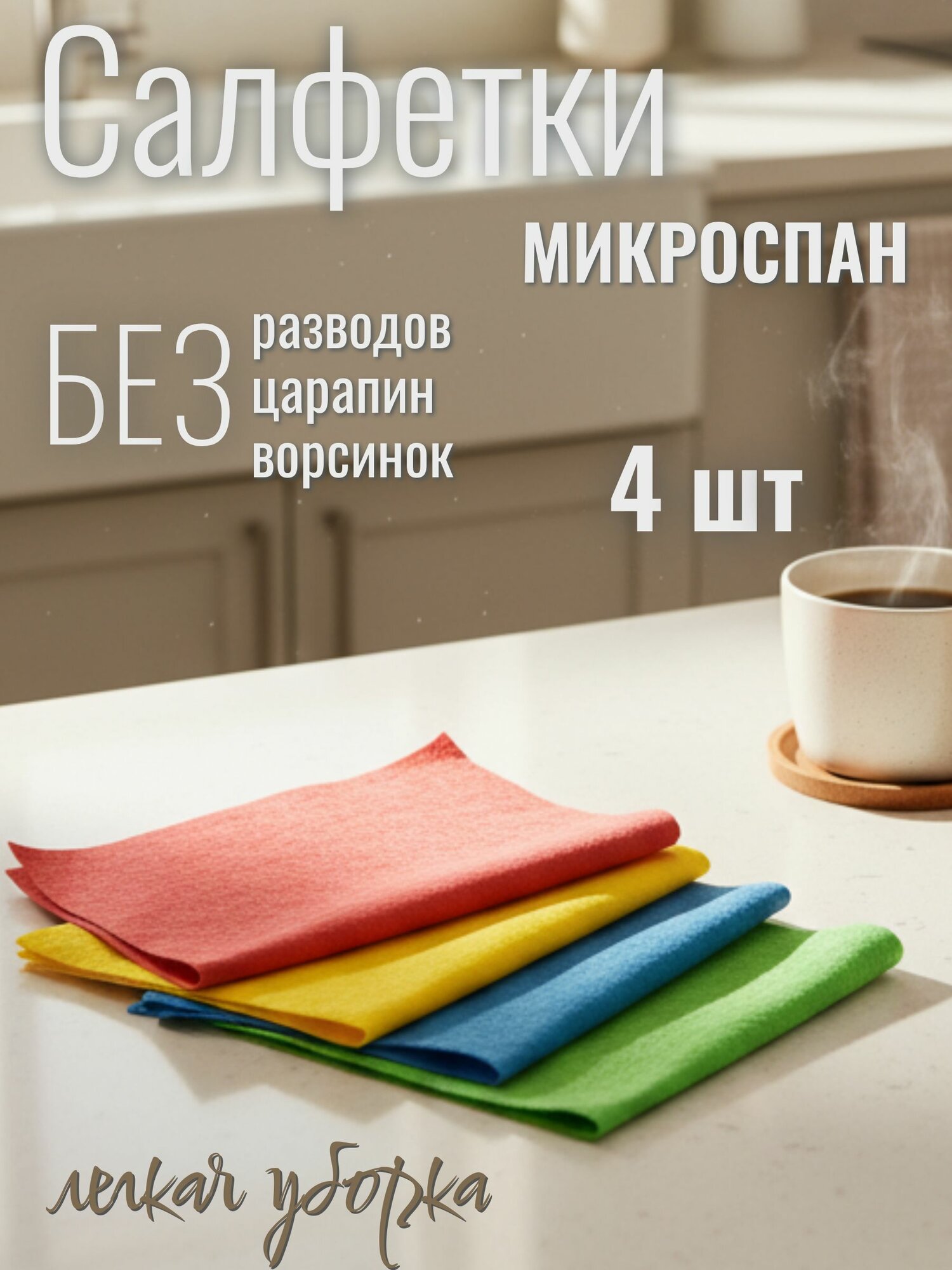 Салфетка из микроспан 34*40 см для уборки без разводов и царапин 4 штуки (4 цвета) 80 гр/м2