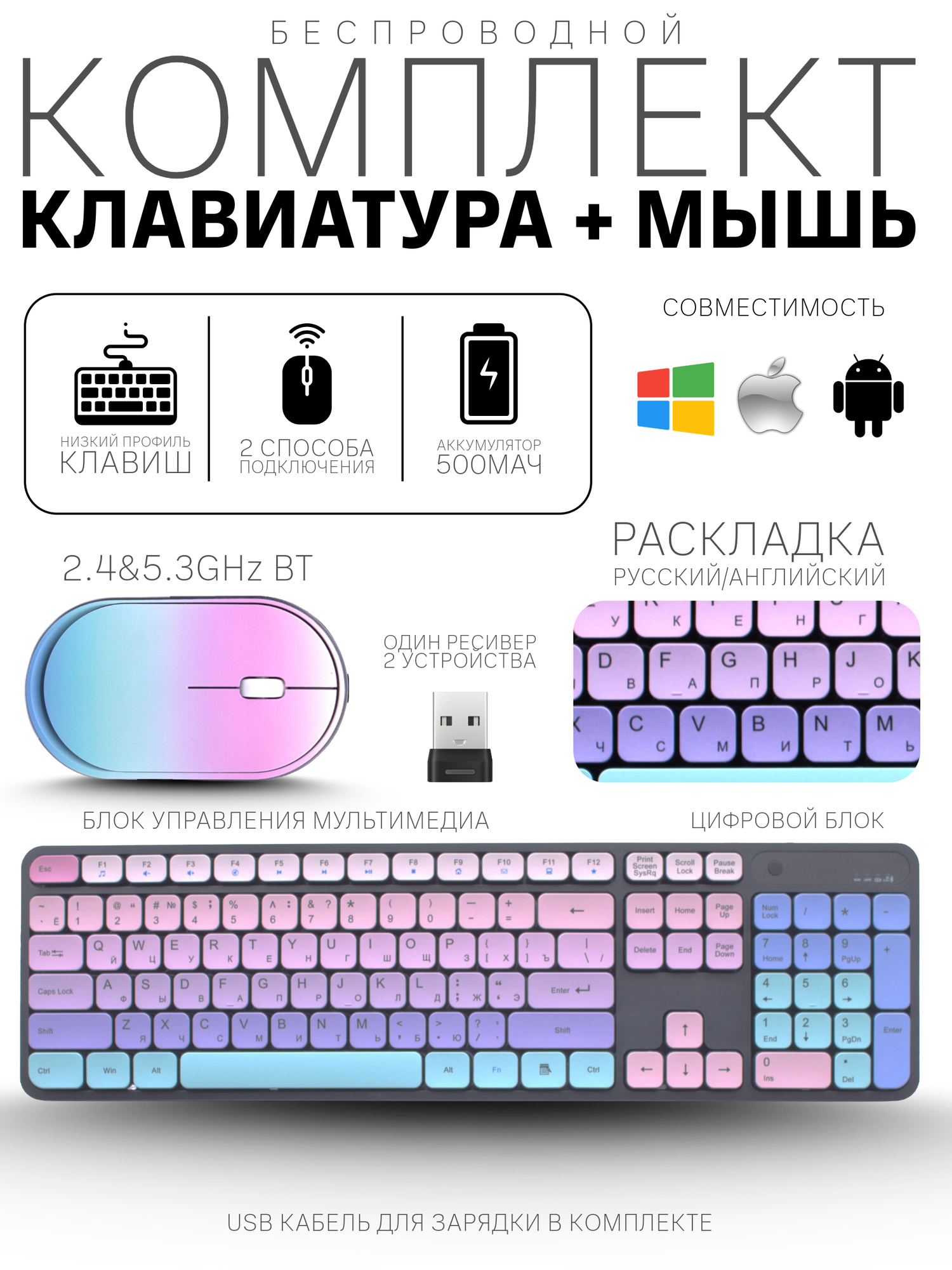 Беспроводной набор, клавиатура и мышь, русская раскладка