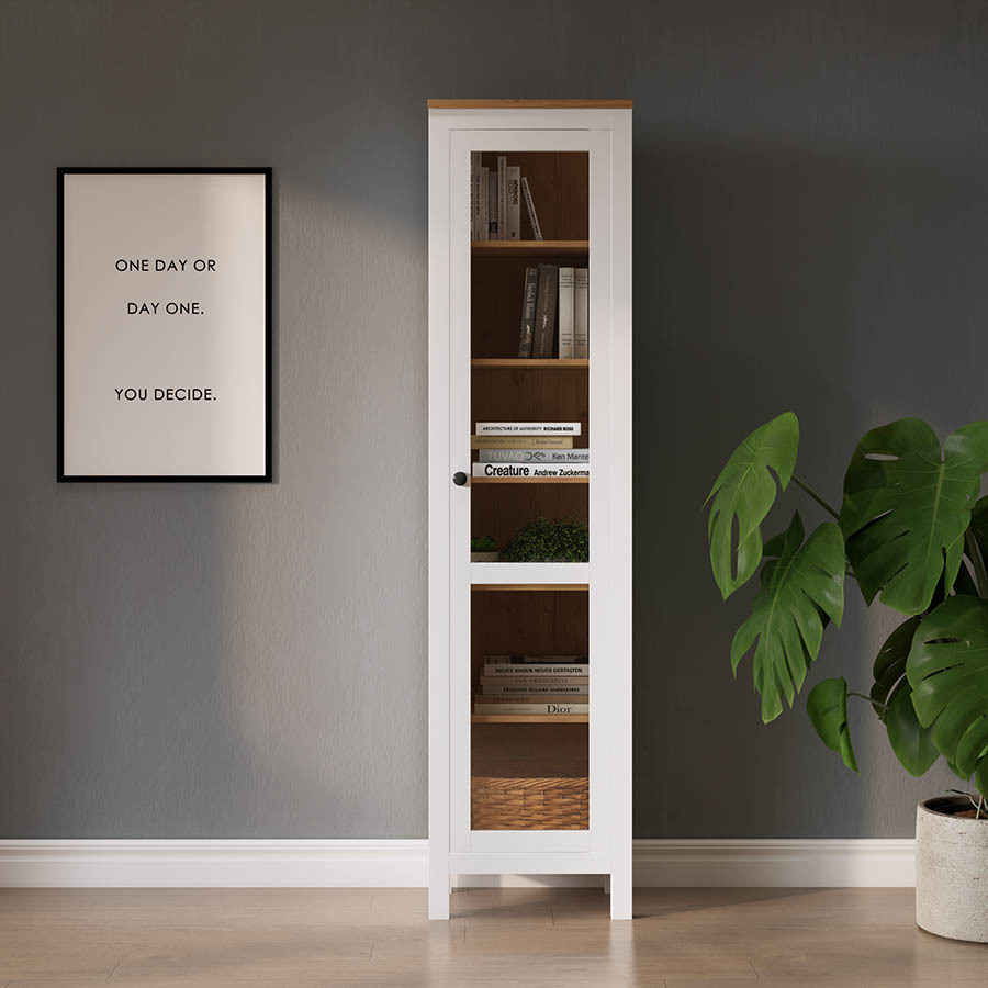 Шкаф витрина узкая HEMNES Кымор дверь ст/ст, массив сосны, цвет белый/светло-коричневый, (икеа)