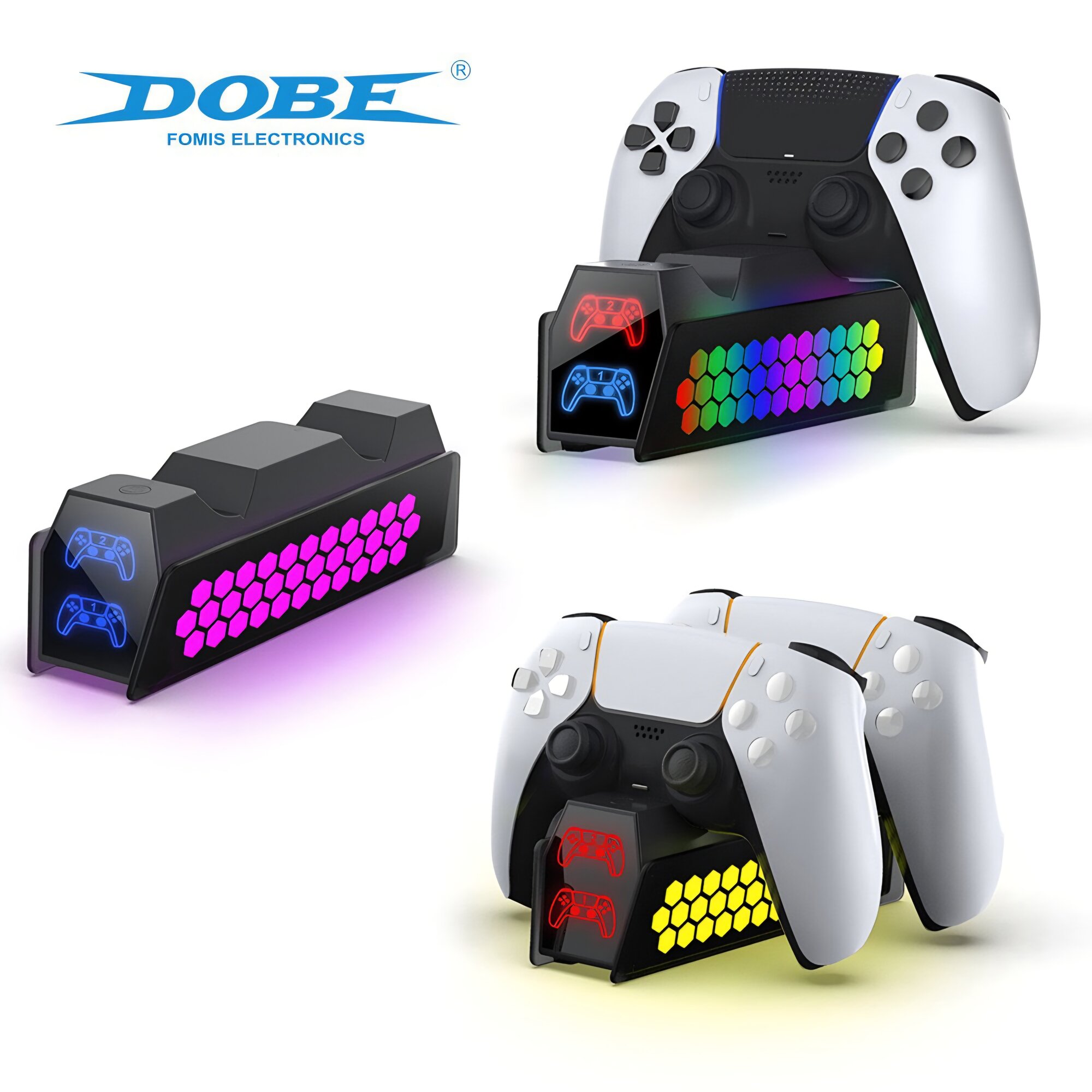 Зарядная док-станция DOBE с быстрой зарядкой и индикацией для 2-х Dualsense PS5 с RGB подсветкой (TP5-3571)
