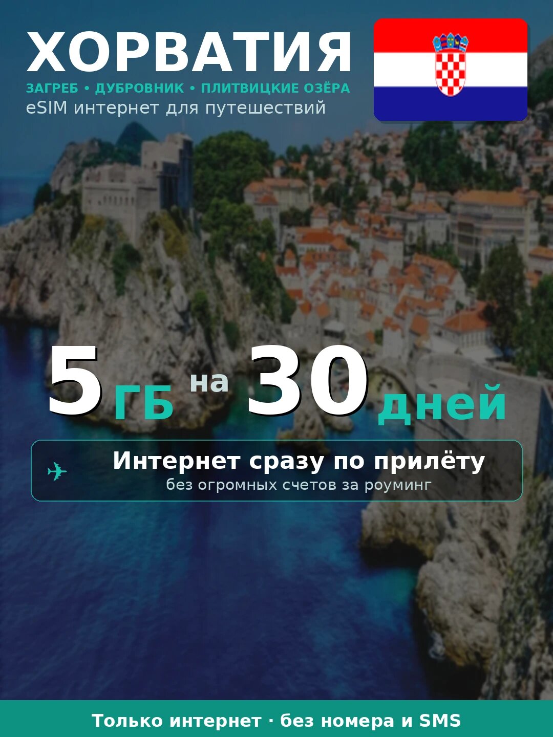 ESIM Хорватия — мобильный интернет 5 ГБ на 30 дней | виртуальная SIM-карта для путешествий