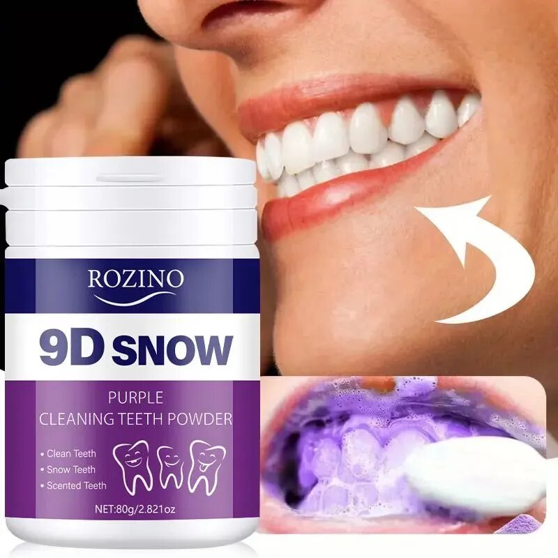 Bright зубной порошок 9D White фиолетовый 80г отбеливающий с активированным углем и мятой без фтора для чувствительных зубов