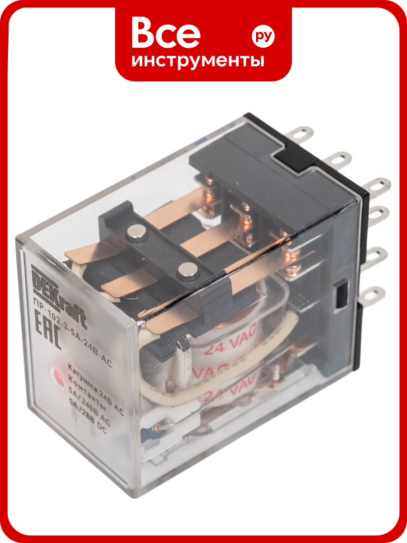 Промежуточное реле DEKraft 3-контактное, с led инд. 5а 24в ac пр-102 23878DEK, управления нагрузками