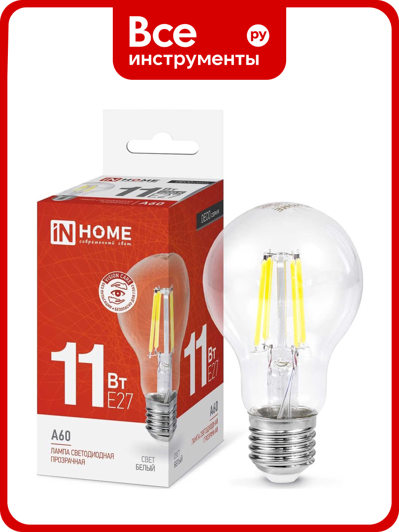 Светодиодная лампа IN HOME LED-A60-deco 11Вт 230В Е27 4000К 1160Лм прозрачная 4690612026145