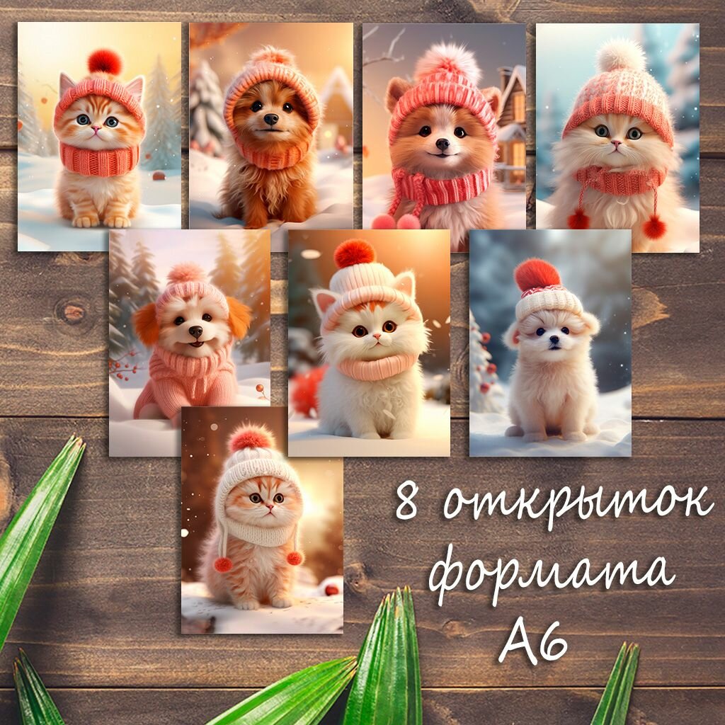 Большой набор открыток Зимние животные, 8 штук