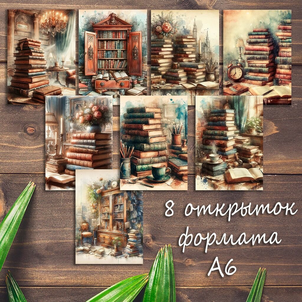 Большой набор открыток Книги, библиотека, 8 штук