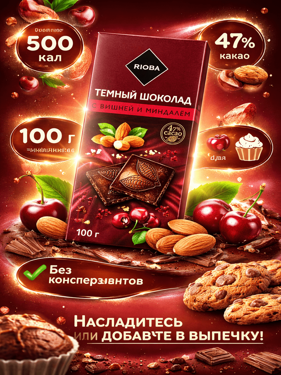 RIOBA Шоколад темный с вишней и миндалем, 100г