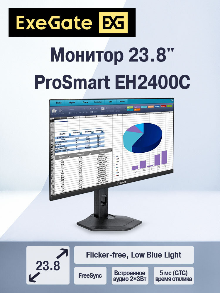 Монитор с аудио 23.8" 100 Гц ExeGate ProSmart EH2400C (IPS, 1920x1080@100Гц, 16:9, 250cd/m2, 1000:1, 178°/178°, 3-5ms, audio-in, audio-out, Speakers, D-Sub, HDMI, DP, VESA, регулировка высоты, наклона, поворот экрана, поворот экрана на 90°) EX300347RUS