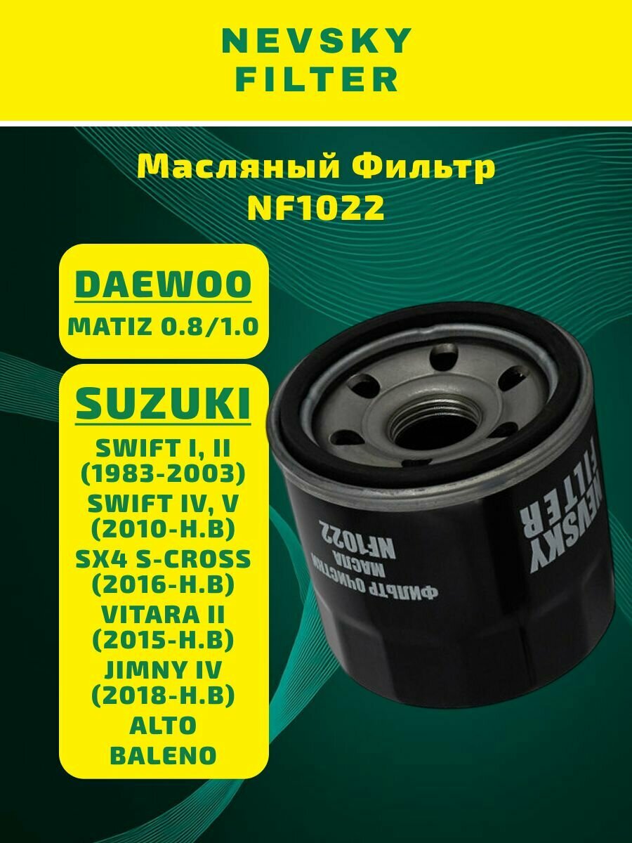 Фильтр масляный NF1022 Дэу Матиз Daewoo Matiz / Сузуки Свифт, Suzuki Swift, SX4, СХ4, Jimny 2, Витара, Vitara / 25183779, 16510M68K00