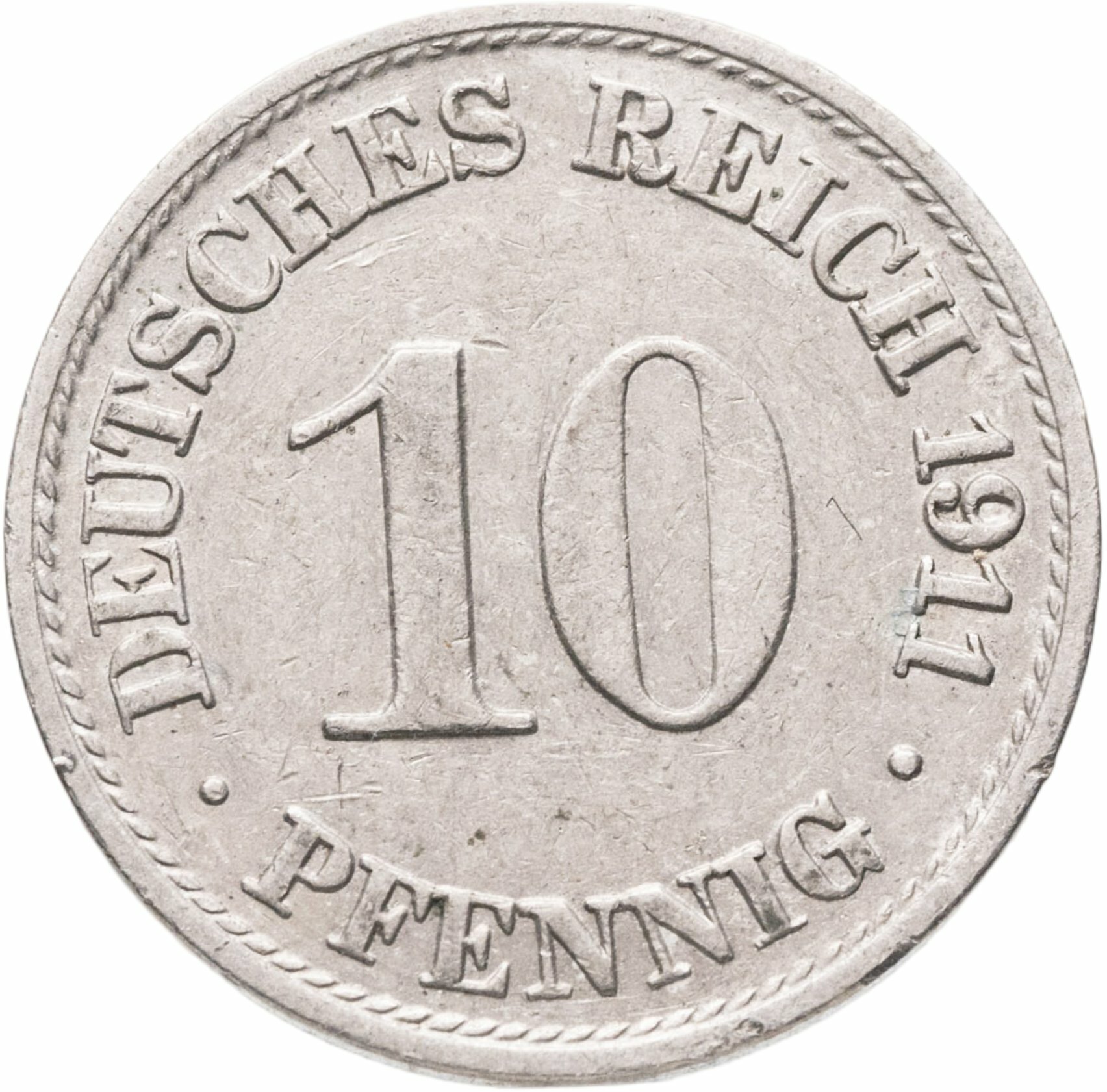 Германия 10 пфеннигов 1911 знак монетного двора: "A", Мельхиор медь-никель, в сохранности XF