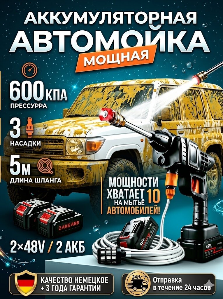 Мойка высокого давления аккумуляторная для автомобиля, Автомойка, в кейсе 2 аккумулятора, 3 насадки