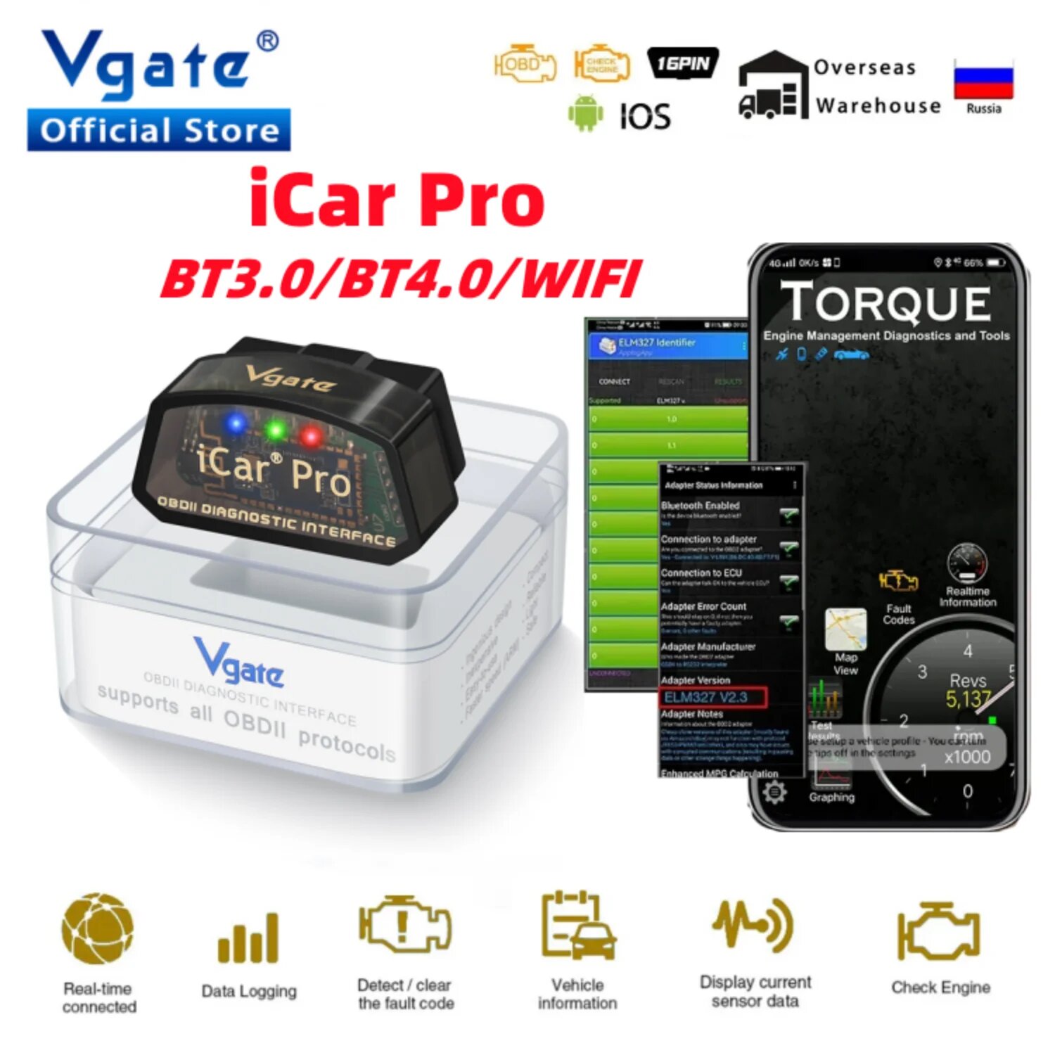 Vgate iCar Pro BT4.0 OBD2 Сканер для Android/iOS