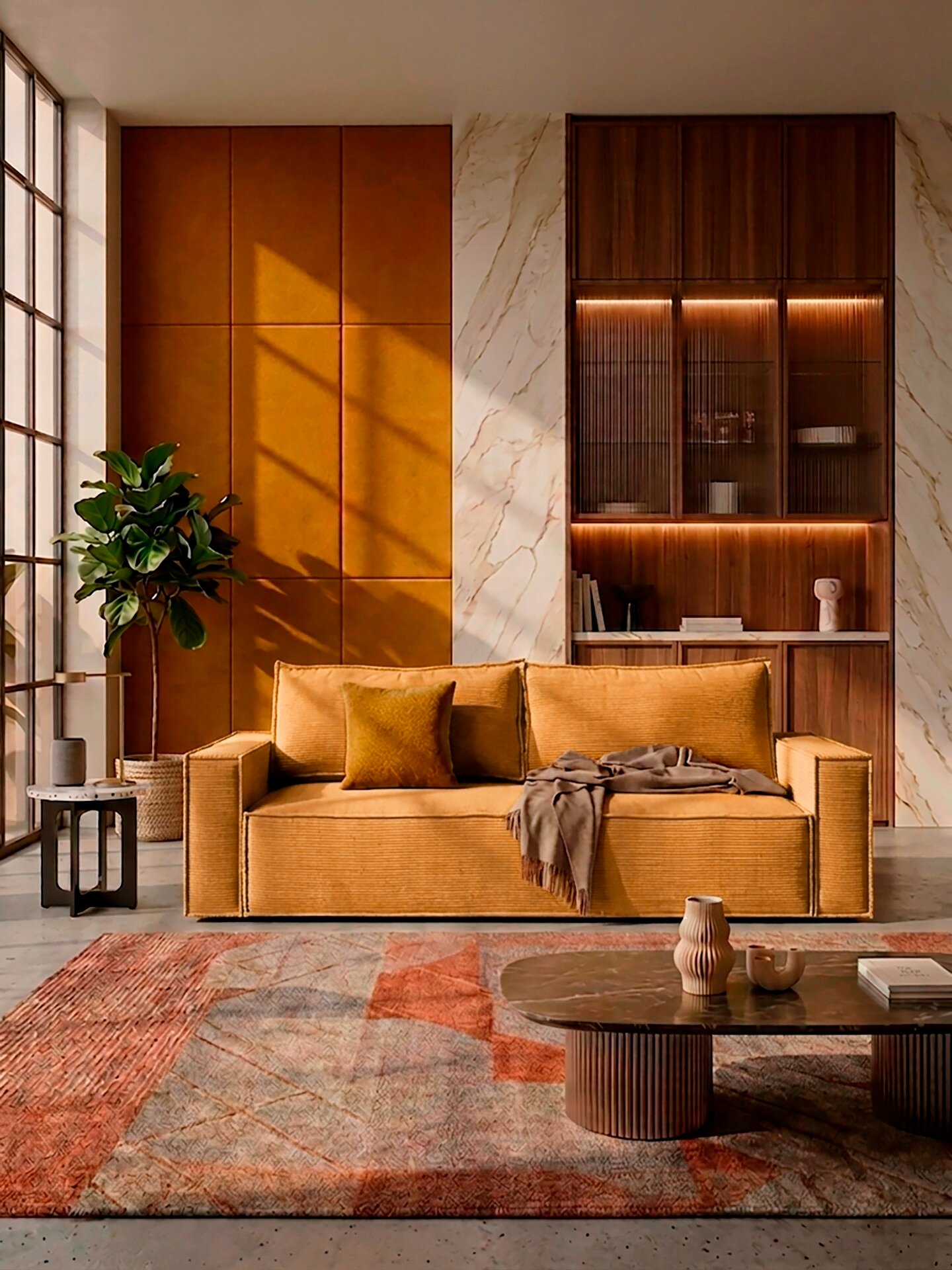 Диван Софт 3 Cilium Umber NOW 240x94x80 см, желтый Вельвет, еврокнижка Фиеста — фото 1