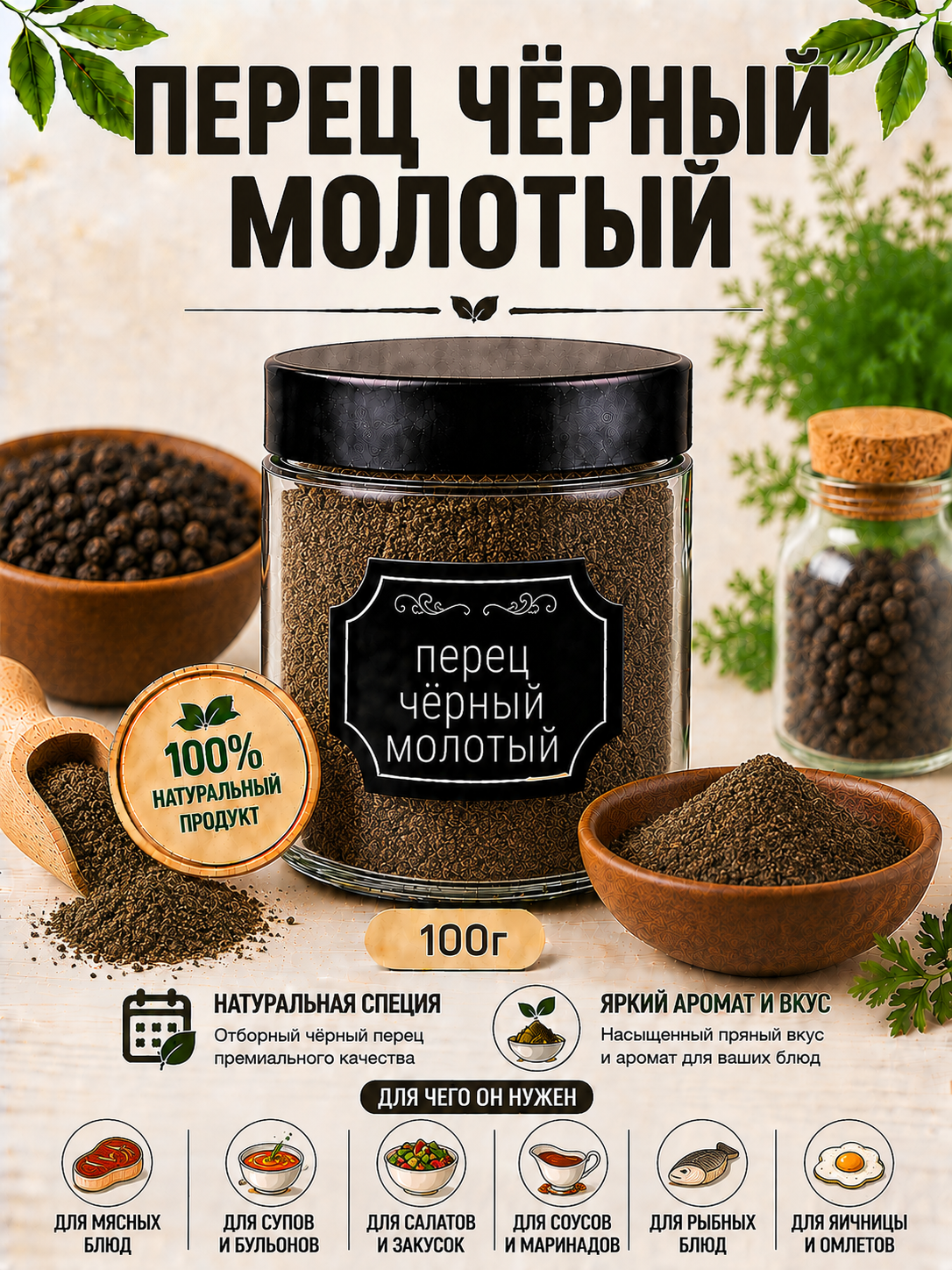 Перец черный молотый натуральный, Индия, 100г