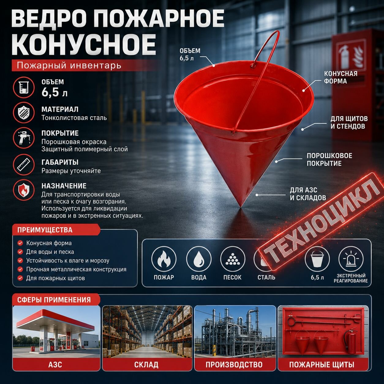 Ведро пожарное конусное техноцикл 390х300х300 мм, красный