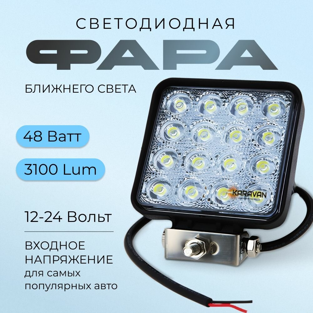 Квадратная фара 48 ватт для авто, мото и квадроцикл, катер / ближний белый свет