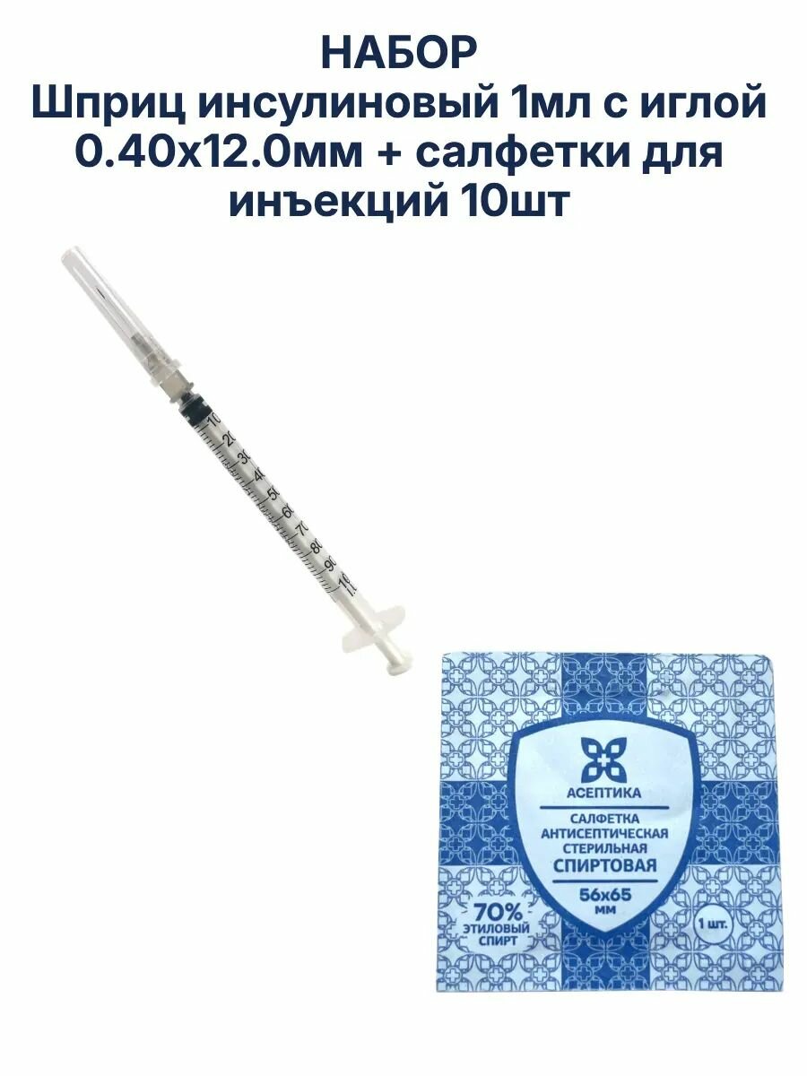 Шприц инсулиновый 1мл с иглой 0.40х12.0мм + салфетки д/ин10шт набор