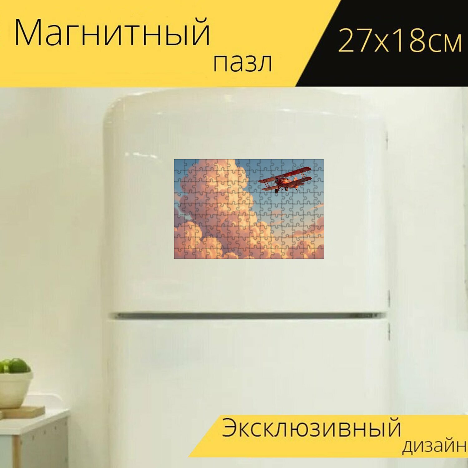 Магнитный пазл "Красный биплан в облаках. Авиасцена в мягкой цифровой живописи: яркий ретро-самолет парит над огромными пушистыми облаками на фоне." на холодильник 27 x 18 см.
