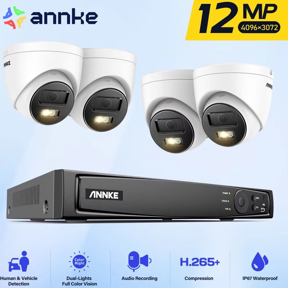 ANNKE 12MP Dual Light Набор умной видеонаблюдения 2/4 ПК камер POE 12MP NVR Умная камера для дома 8-канальный NVR Наружная Встроенный микрофон