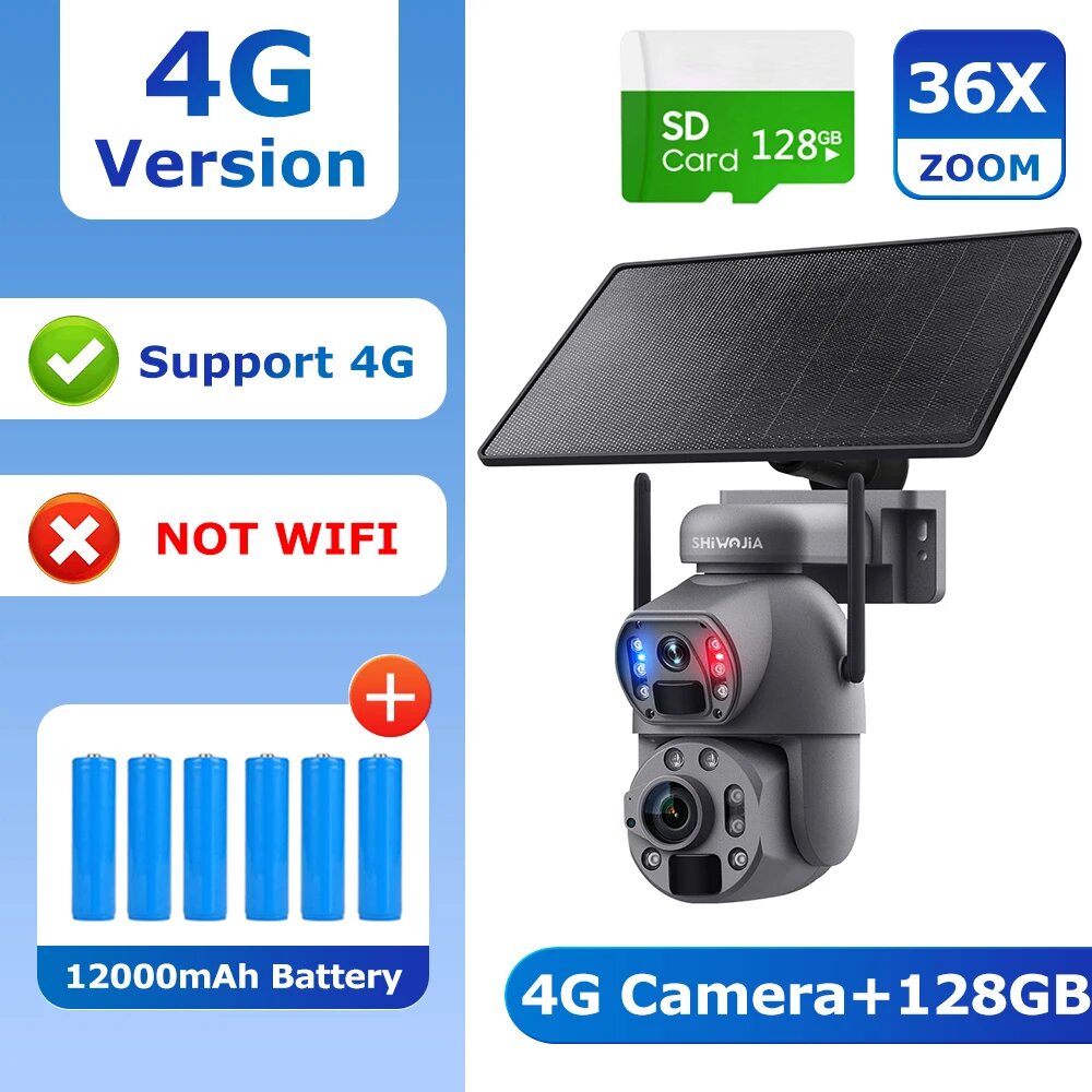 SHIWOJIA 4K 8MP 36X Зум 4G Солнечная Камера Двойная Линза Двойной PIR Следивание за Люди Outdoor PTZ Камеры Безопасности Батарея 12000mA