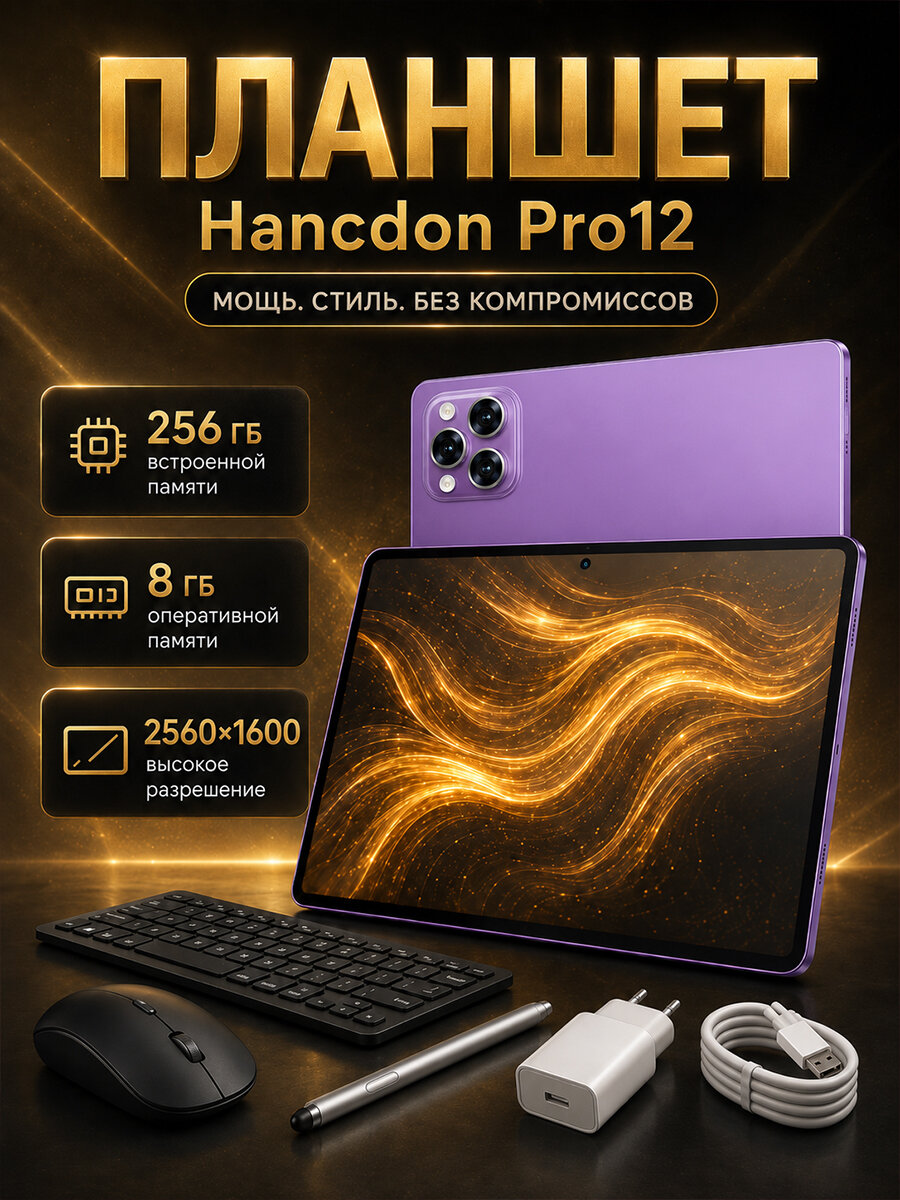 Hancdon Смарт-планшет Pro12 Android, 8 ГБ+256 ГБ, игровой планшет с глобальным 10,1 дюйма LTE, Фиолетовый