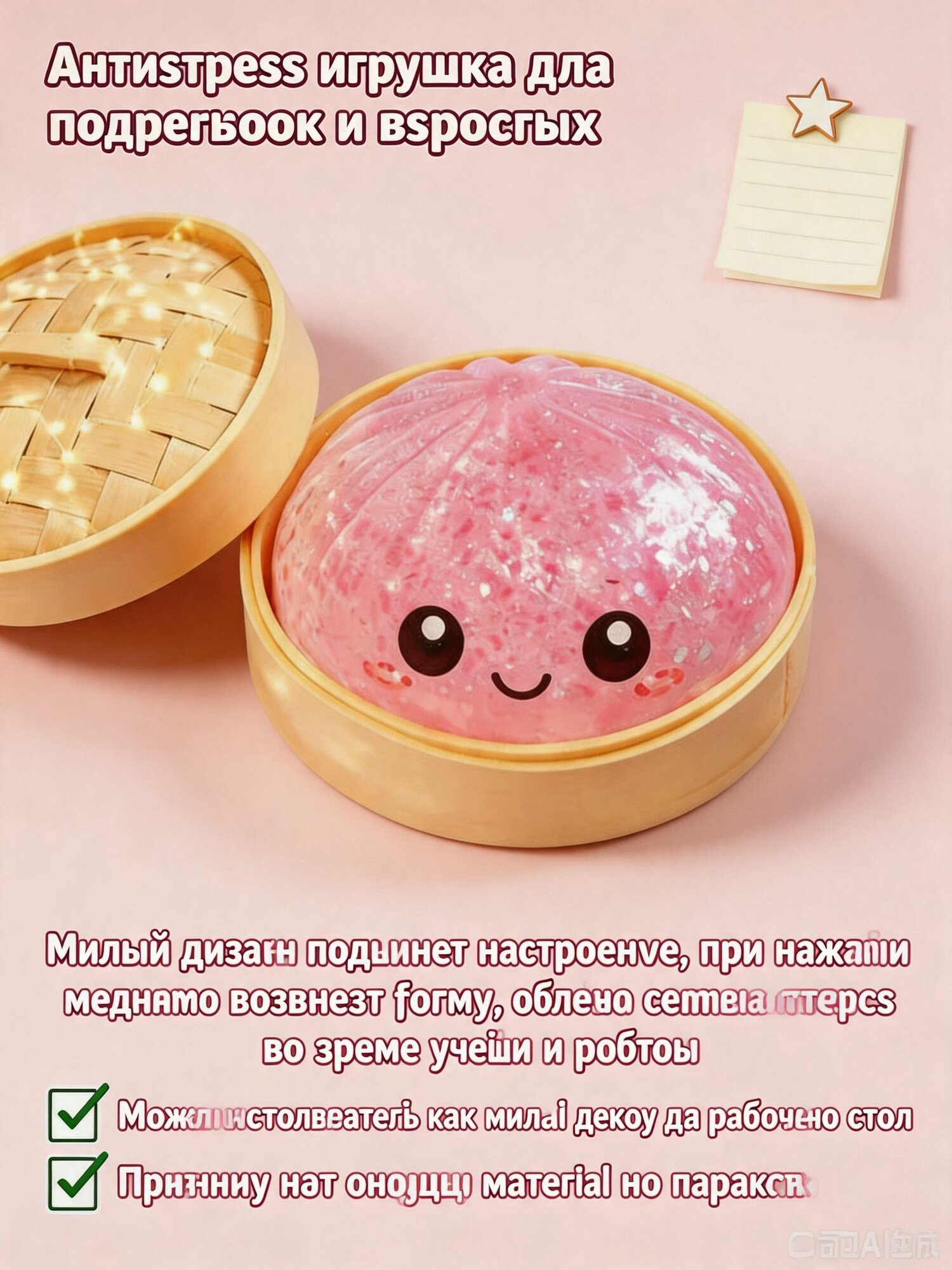 Антистресс игрушка булочка-пельмешек блестящая, мягкая, восстанавливает форму, в коробочке-пароварке