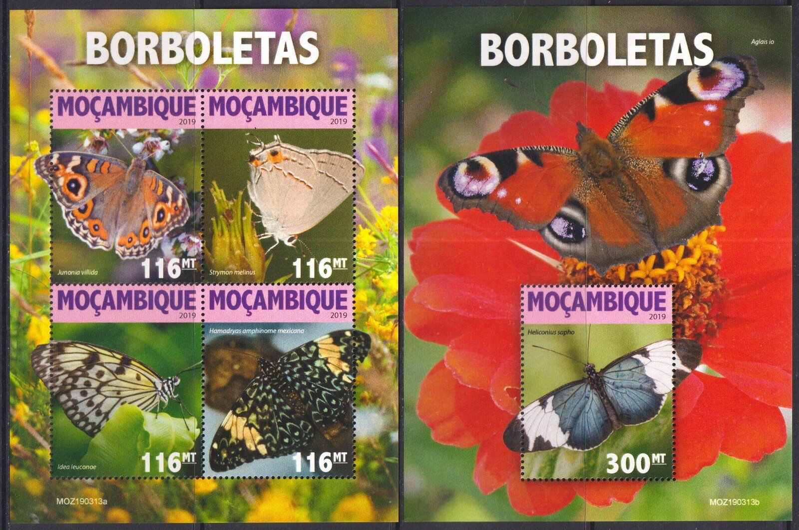 Марки 2019 год Мозамбик Бабочки Фауна Насекомые #10274-77+Bl1490 Mnh