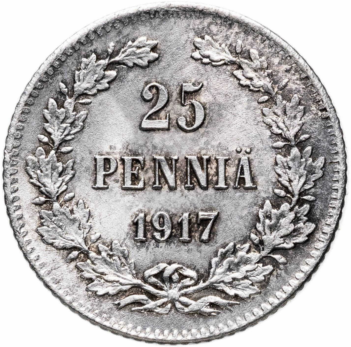 25 пенни pennia 1917 S гербовый орел без короны Российская Финляндия, Серебро 750, в сохранности AU
