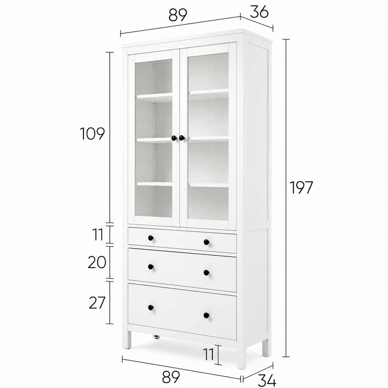 Шкаф витрина 3 ящика широкий HEMNES Кымор, массив сосны, цвет белый, (икеа)