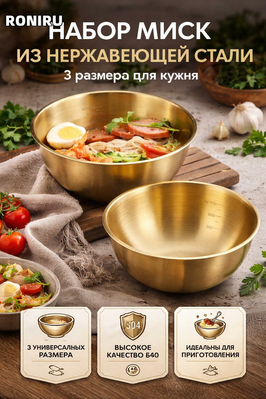 Набор мисок из нержавеющей стали 3 размера для кухни — универсальные миски для фруктов, теста, маринования, салатов