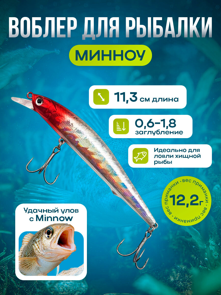 Воблер для рыбалки Minnow, 11.3 см/12.2 г, красно-серебристая