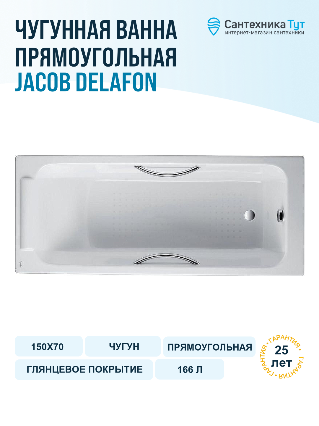Ванна чугунная Jacob Delafon Parallel 150x70 E2949-00 с антискользящим покрытием, белая