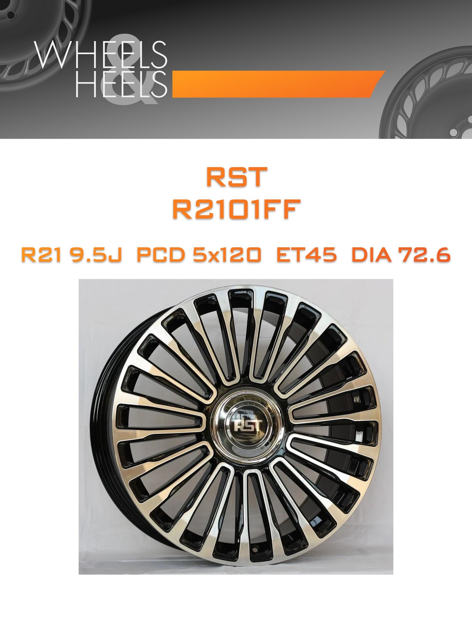 Диск автомобильный литой RST R2101FF 21x9.5 5x120 et45 dia72.6 Чёрный с полированной лицевой частью