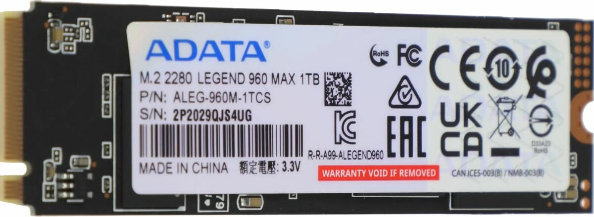 SSD M.2 A-DATA 1.0TB LEGEND 960 MAX (PCI-E 4.0 x4, up to 7400/6000Mbs, 3D NAND, DRA — фото 1