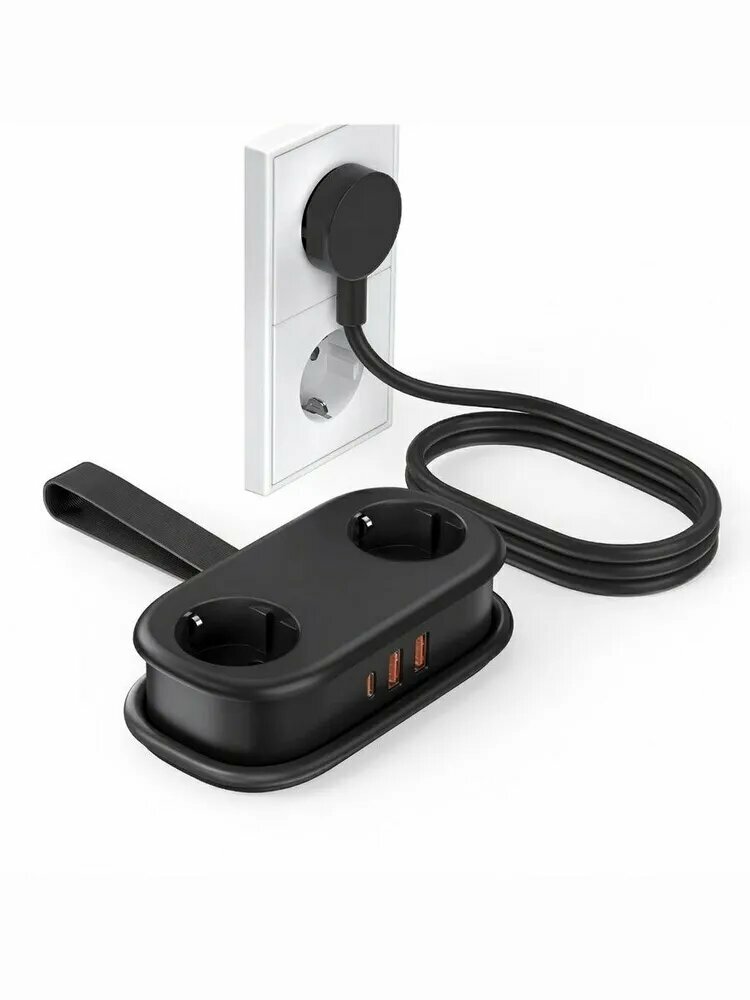 Удлинитель NTONPOWER USB-C PD 20W для круизов и путешествий, портативный разветвитель с намоткой кабеля, плоская вилка, 2 розетки + 3 USB, черный