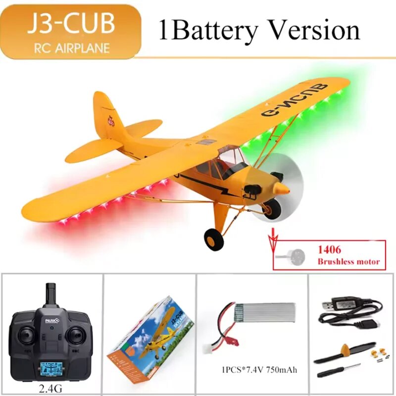 Радиоуправляемый самолет J3-CUB желтый, Brushless With LED
