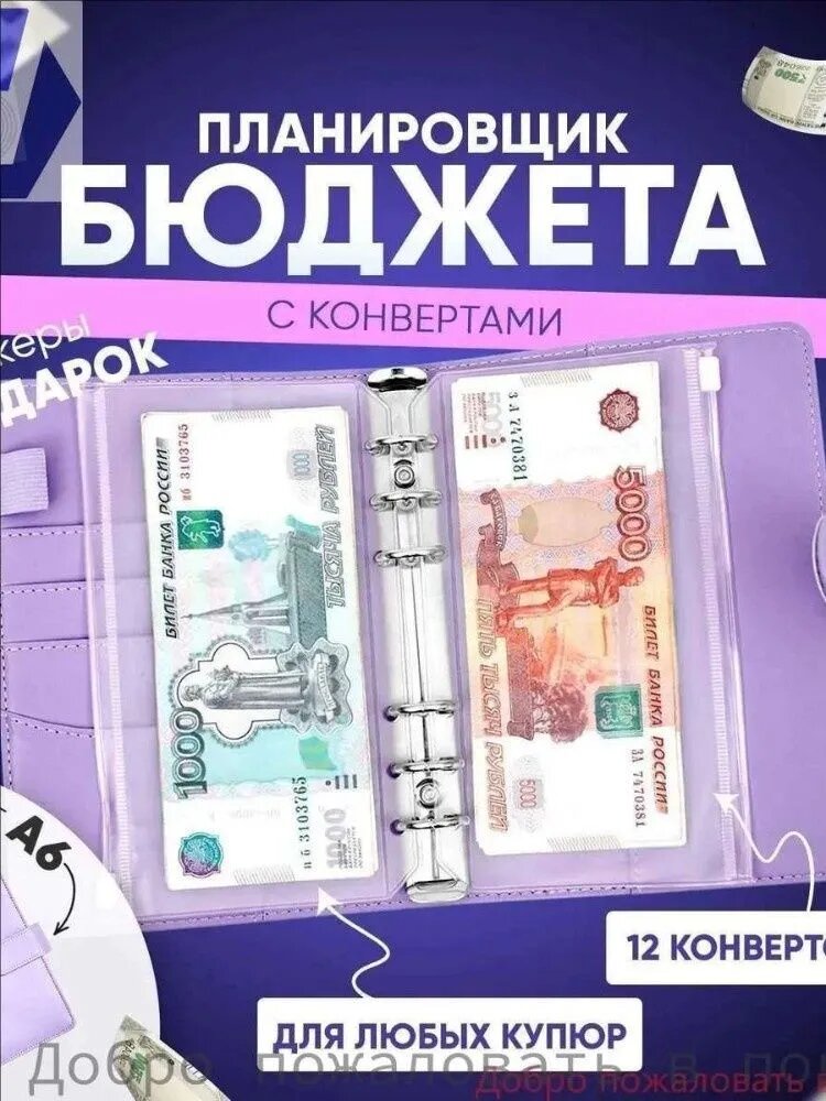 Папка-органайзер A6, Фиолетовый, 1 шт, с 12 конвертами, для бюджета