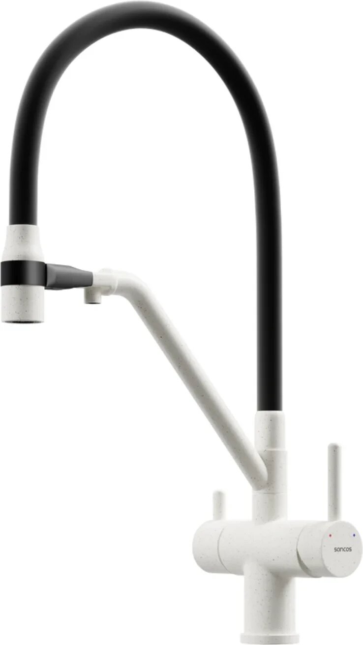 Смеситель для кухни Sancos Dora SC4003GR с гибким изливом, белый гранит, Силикон, матовая, черный, рычажное, 50×40×50 см