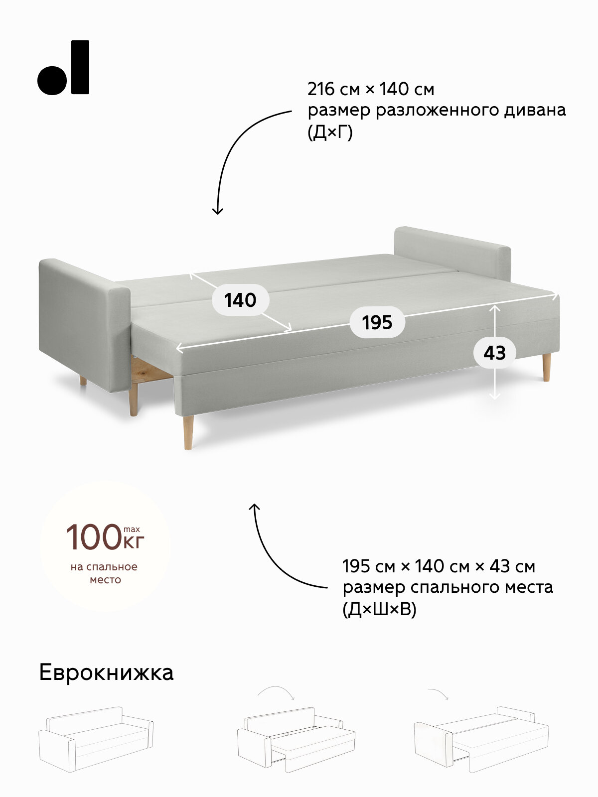 Диван-кровать раскладной Divan.ru Нумо Велюр Светло-серый, 216x90x86 см, спальное место 195x140 см — фото 1