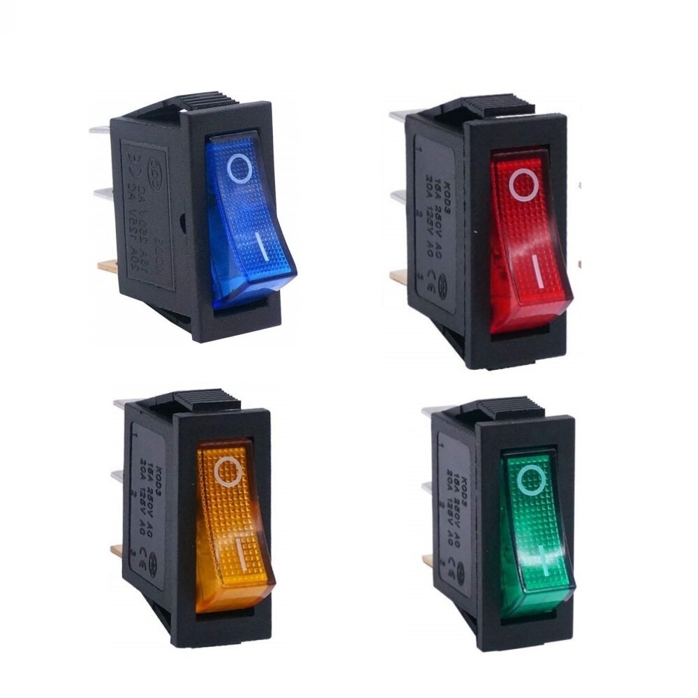 Набор из 4 рокерных выключателей KCD3 с подсветкой, 125V/250V AC, SPST, 3 контакта, 2 положения, квадратные, смешанные цвета